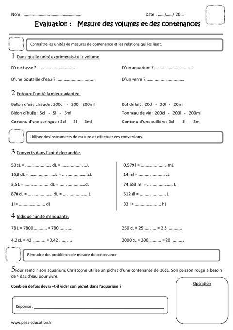 Mesure de volumes, contenances, capacité - Cm2 - Evaluation - Pass ...