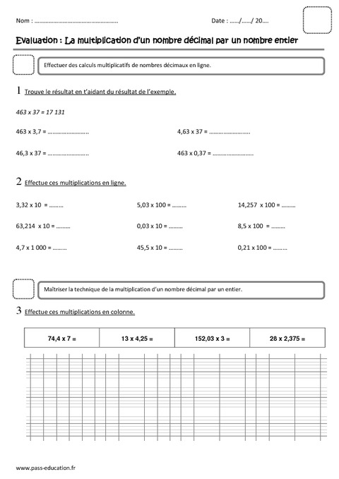 Multiplication d'un nombre décimal par un nombre entier - Cm2 ...