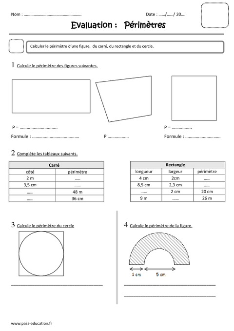 Périmètre - Cm2 - Evaluation - Pass Education