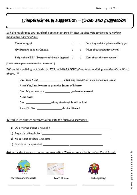 Suggestion et impératif – 5ème – Exercices – Anglais - Pass Education
