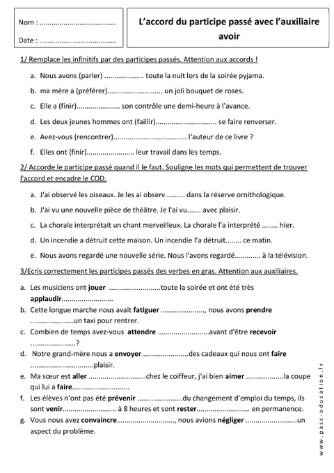 Accord du participe passé avec l'auxiliaire avoir – 6ème – Exercices ...