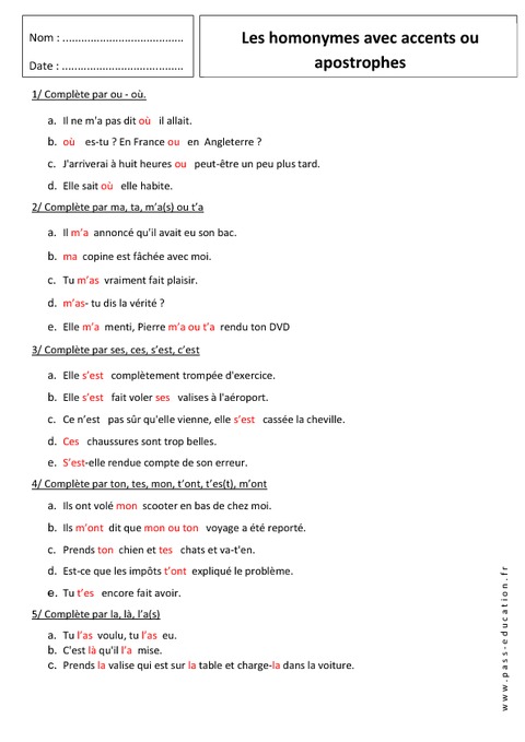 Accents ou apostrophes – 6ème – Exercices corrigés sur les homonymes ...