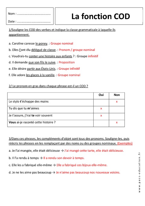Complément d'objet direct - 6ème - Exercices sur le COD - Pass Education