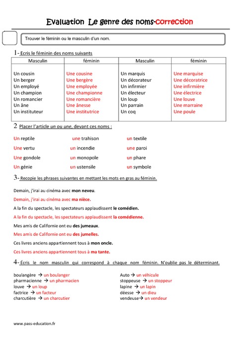 Genre des noms - Cm2 - Evaluation sur le féminin et masculin - Pass ...