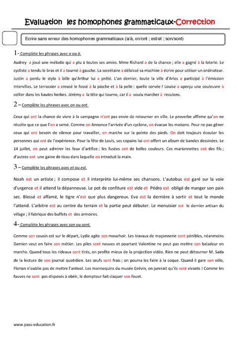 a-à, est-et, son-sont, on-ont - Homophones - Cm2 - Evaluation - Pass ...