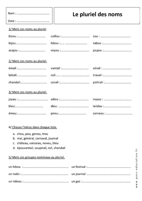 Pluriel des noms – 6ème – Exercices corrigés - Pass Education
