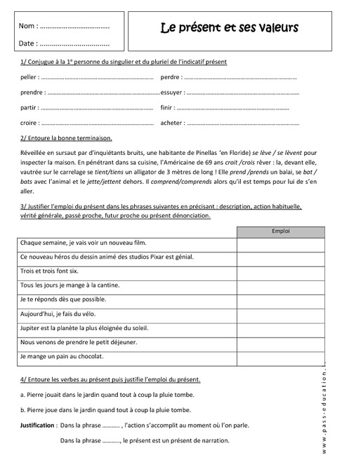 Présent de l'indicatif et ses valeurs - 4ème - Exercices corrigés ...