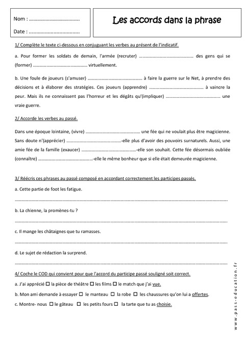 Sujet, verbe et participe passé - 4ème - Exercices sur les accords ...