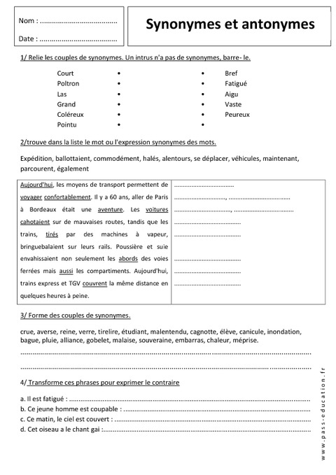 Synonymes - Antonymes – 6ème – Révisions - Pass Education