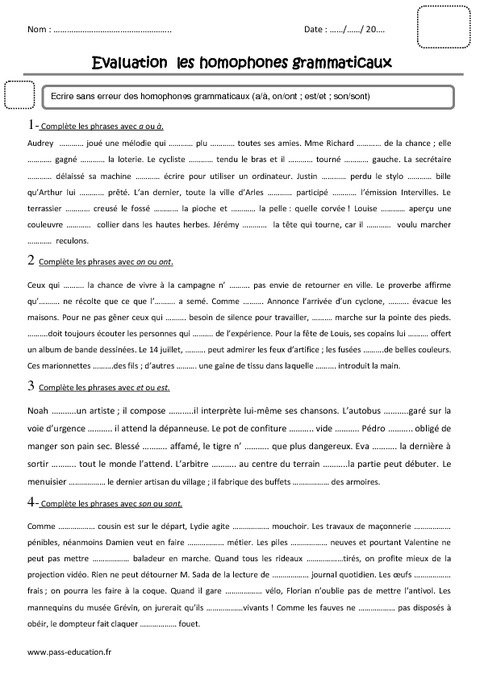 a-à, est-et, son-sont, on-ont - Homophones - Cm2 - Evaluation - Pass ...