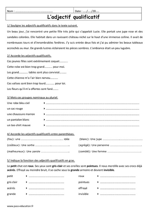 Adjectifs qualificatifs - 6ème - Exercices corrigés - Pass Education