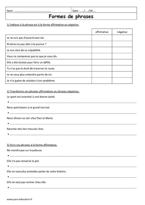Affirmative, négative - 6ème - Exercices corrigés sur les formes de ...