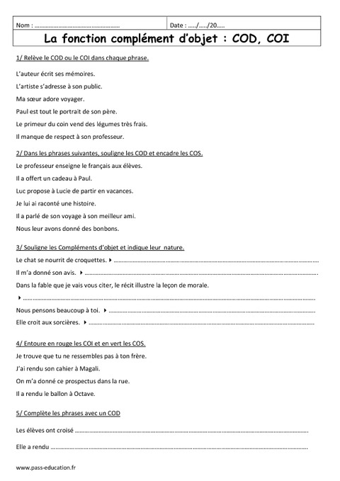 Complément d’objet second et direct, indirect - 6ème - Exercices - Pass ...