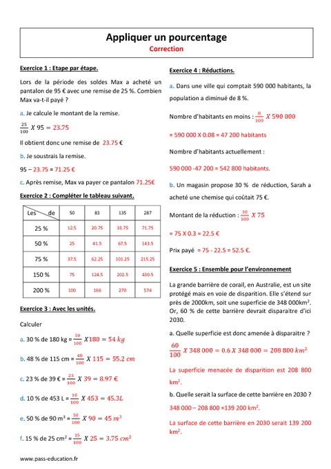 Appliquer un pourcentage - 5ème - Exercices corrigés - Pass Education