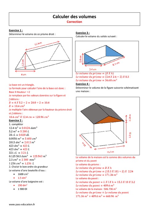Calculer des volumes - 5ème - Exercices à imprimer - Pass Education