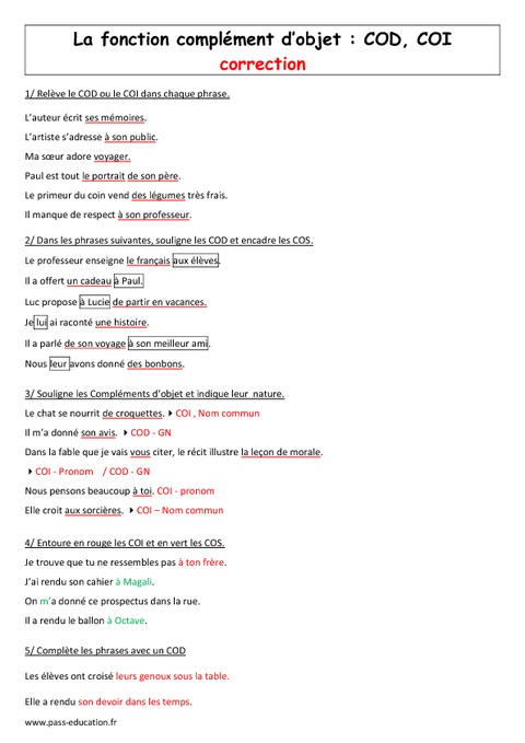 Complément d’objet second et direct, indirect - 6ème - Exercices - Pass ...