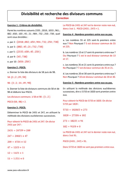Divisibilité et recherche des diviseurs communs - 3ème - Exercices ...