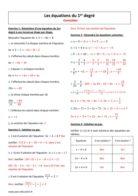 1er degré - Equations - 4ème - Exercices à imprimer - Pass Education