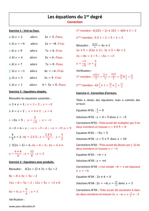 Equations du 1er degré - 4ème - Exercices corrigés - Pass Education