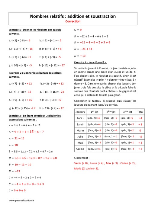Nombres relatifs - Addition et soustraction - 4ème - Exercices - Pass ...