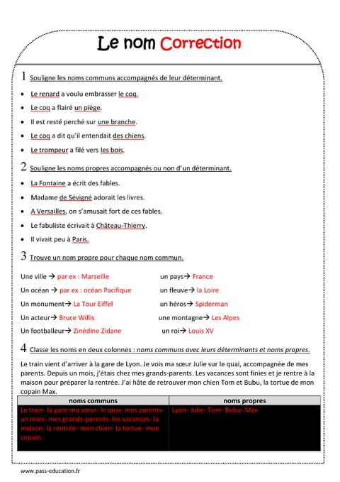 Noms propres - Noms communs - Ce2 - Exercices corrigés - Pass Education