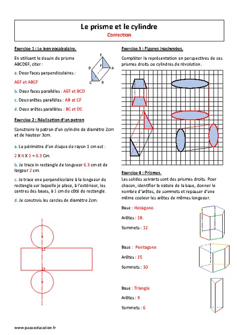 Prisme - Cylindre - 5ème - Exercices corrigés - Pass Education