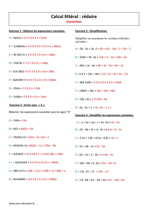 Réduire - Calcul littéral - 5ème - Exercices avec correction - Pass ... Réduire - Calcul littéral - 5ème - Exercices avec correction - Pass ...