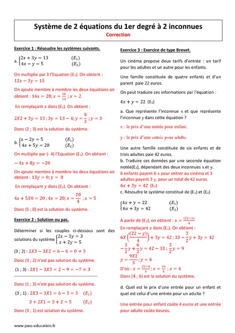 Système de 2 équations du 1er degré à 2 inconnues - 3ème - Exercices ...