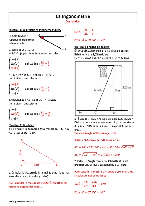 Trigonométrie - 3ème - Exercices avec correction - Pass Education