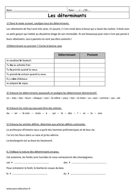 Déterminants - 6ème - Exercices avec correction - Pass Education