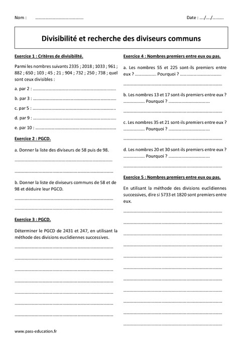 Divisibilité et recherche des diviseurs communs - 3ème - Exercices ...
