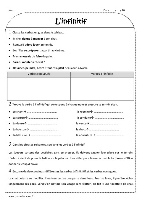 Infinitif - Ce2 - Exercices à imprimer sur les verbes - Pass Education