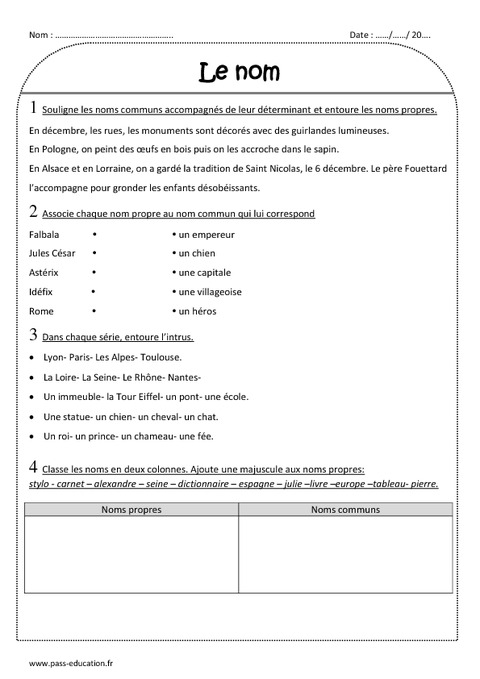 Noms communs - Noms propres - Ce2 - Exercices à imprimer - Pass Education