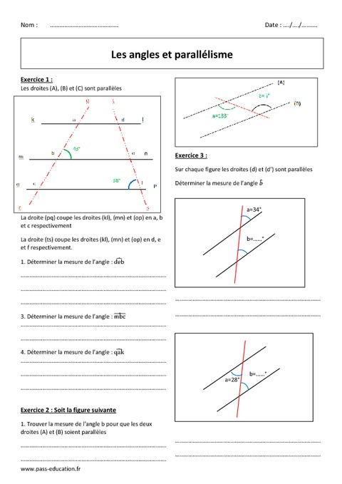 Parallélisme - Angles - 5ème - Exercices à imprimer - Pass Education