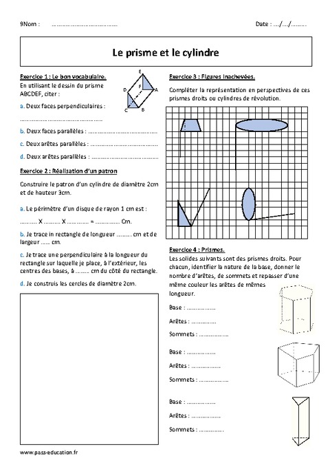 Prisme - Cylindre - 5ème - Exercices corrigés - Pass Education