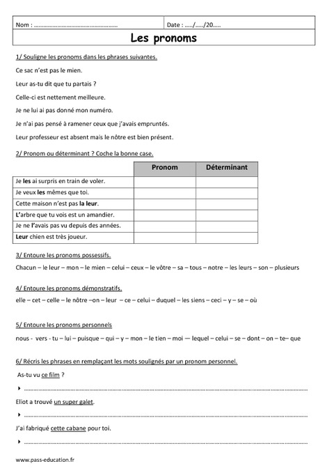Pronoms personnels, démonstratifs, possessifs - 6ème - Exercices ...