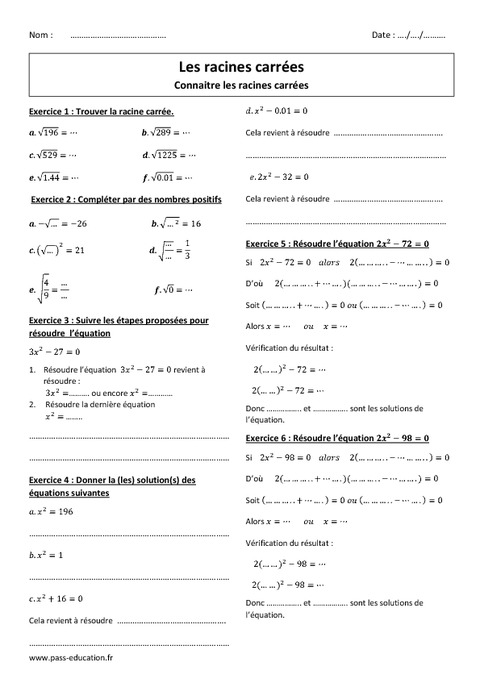 Racines carrées - 3ème - Exercices corrigés à imprimer - Pass Education