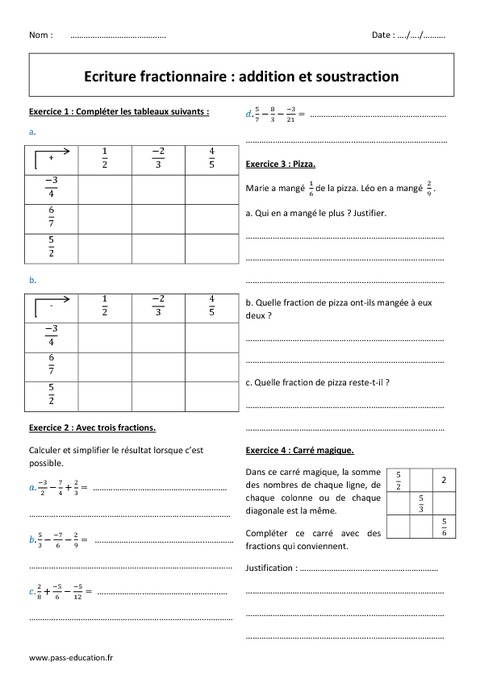 Soustraction et addition - 4ème - Exercices - Ecriture fractionnaire ... Soustraction et addition - 4ème - Exercices - Ecriture fractionnaire ...