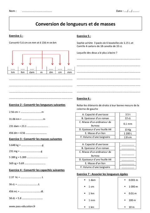 Conversion de longueurs et de masses - 6ème - Exercices à imprimer ...