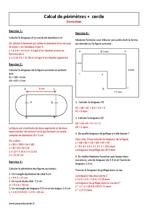 Calcul de périmètres - Cercle - 6ème - Exercices à imprimer - Pass ...
