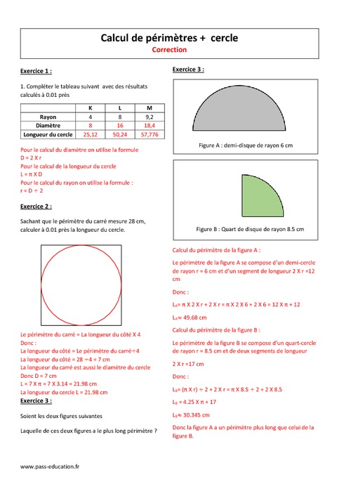 Cercle - Périmètre - 6ème - Exercices corrigés sur le calcul - Pass ...