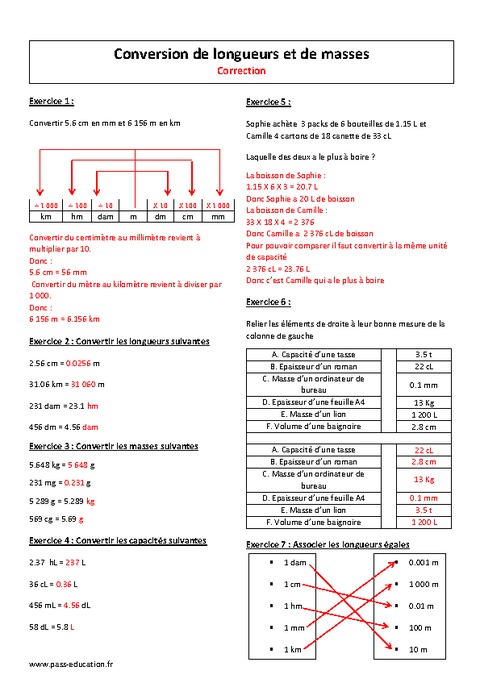 Conversion de longueurs et de masses - 6ème - Exercices à imprimer ...