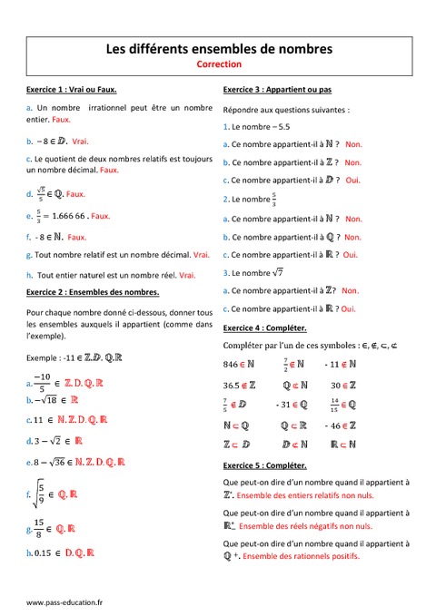 Différents ensembles de nombres - 2nde - Exercices à imprimer - Pass ...