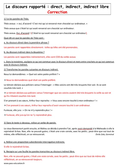 Directs et indirects - 3ème - Exercices corrigés sur les discours ...