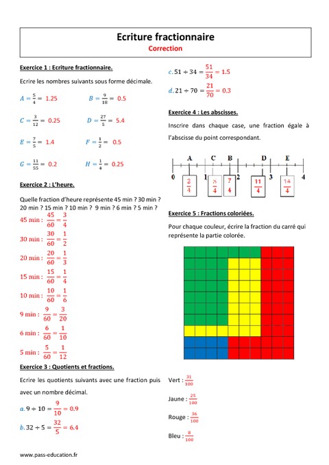 Ecriture fractionnaire - 6ème - Exercices corrigés - Pass Education