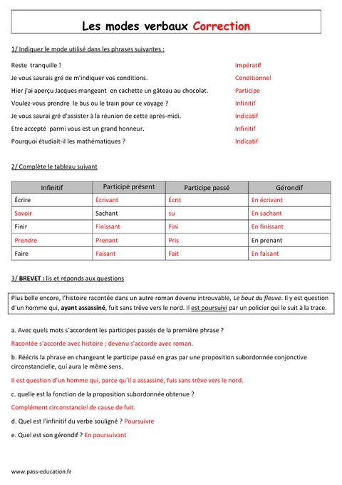 Modes verbaux - 3ème - Exercices corrigés à imprimer - Pass Education