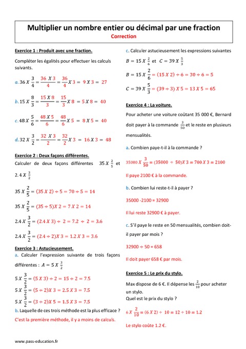 Multiplier un nombre entier ou décimal par une fraction - 6ème ...