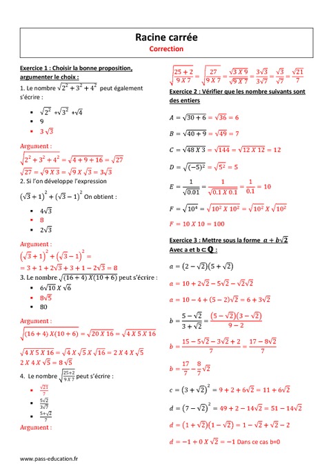 Racine carrée - Seconde - Exercices à imprimer - Pass Education