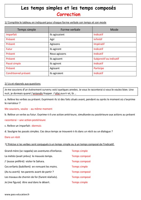 Temps composés - Temps simples - 3ème - Exercices de conjugaison - Pass ...