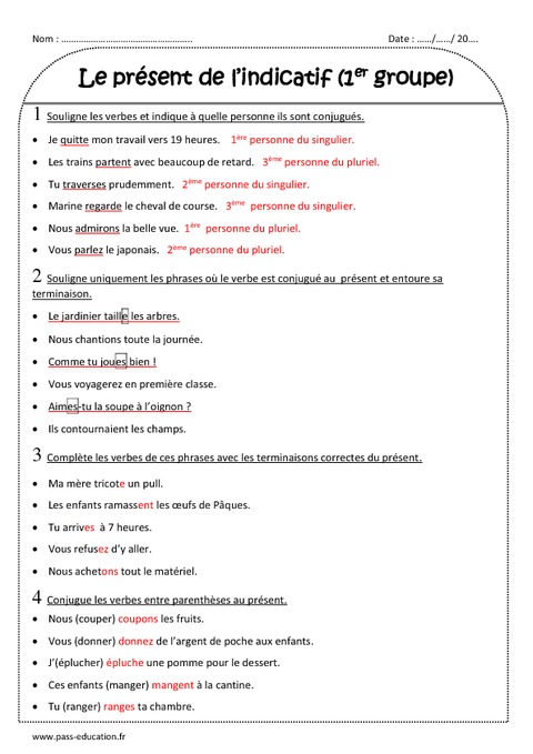 Verbes du 1er groupe au présent de l'indicatif - Ce2 - Exercices à ...